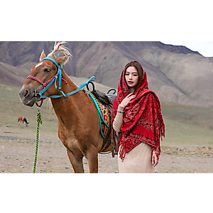 Large Ethnic Style Pashmina Shawls and Wraps for Women Printing Bohemian Extra Long Soft Cashmere Feel Birthday Gifts Throw Warm Winter Womens Fall Scarfs Shawls and Wraps for Wedding Christmas in Red