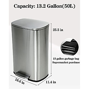 Pazidom 13 Gallon Step Trash Can with Soft Close Lid, 50 Liter Stainless Steel Pedal Garbage Bin with Removable Inner Bucket, Tall Rectangular Trash Bin for Kitchen Office Bedroom, Silver