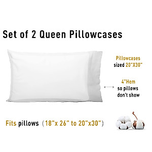 Sunflower Queen Pillowcases Set of 2, 100% Cotton Queen Pillow Cases 2, 20×30 inches Bright White, Soft and Breathable