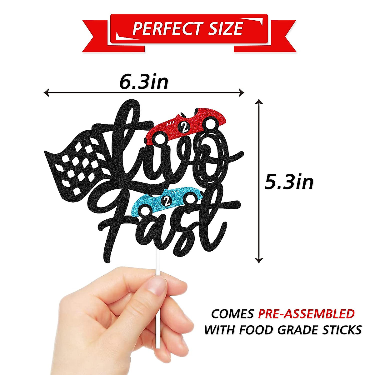 Two Fast Cake Topper Racing Car Chequered Flag Themed Happy Birthday Party Supply for Boys Girls Kids 2nd Second Two Bday Cake Decoration