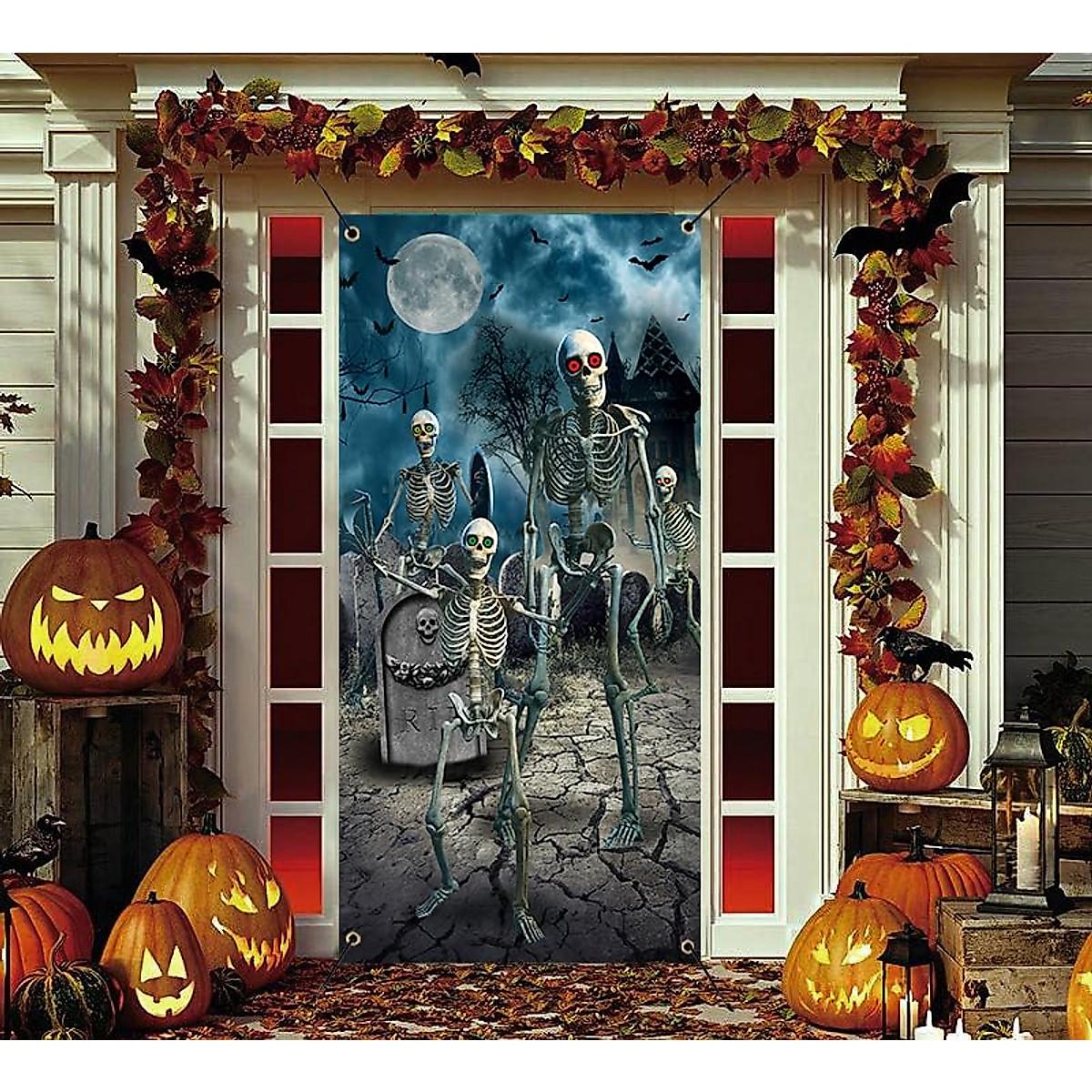 Generic Halloween Door Cover Decorations Scary Skeleton Theme Door Backdrop Halloween Photo Props Halloween Party Front Door Decorations Banner (6x3（180cmx90cm）)