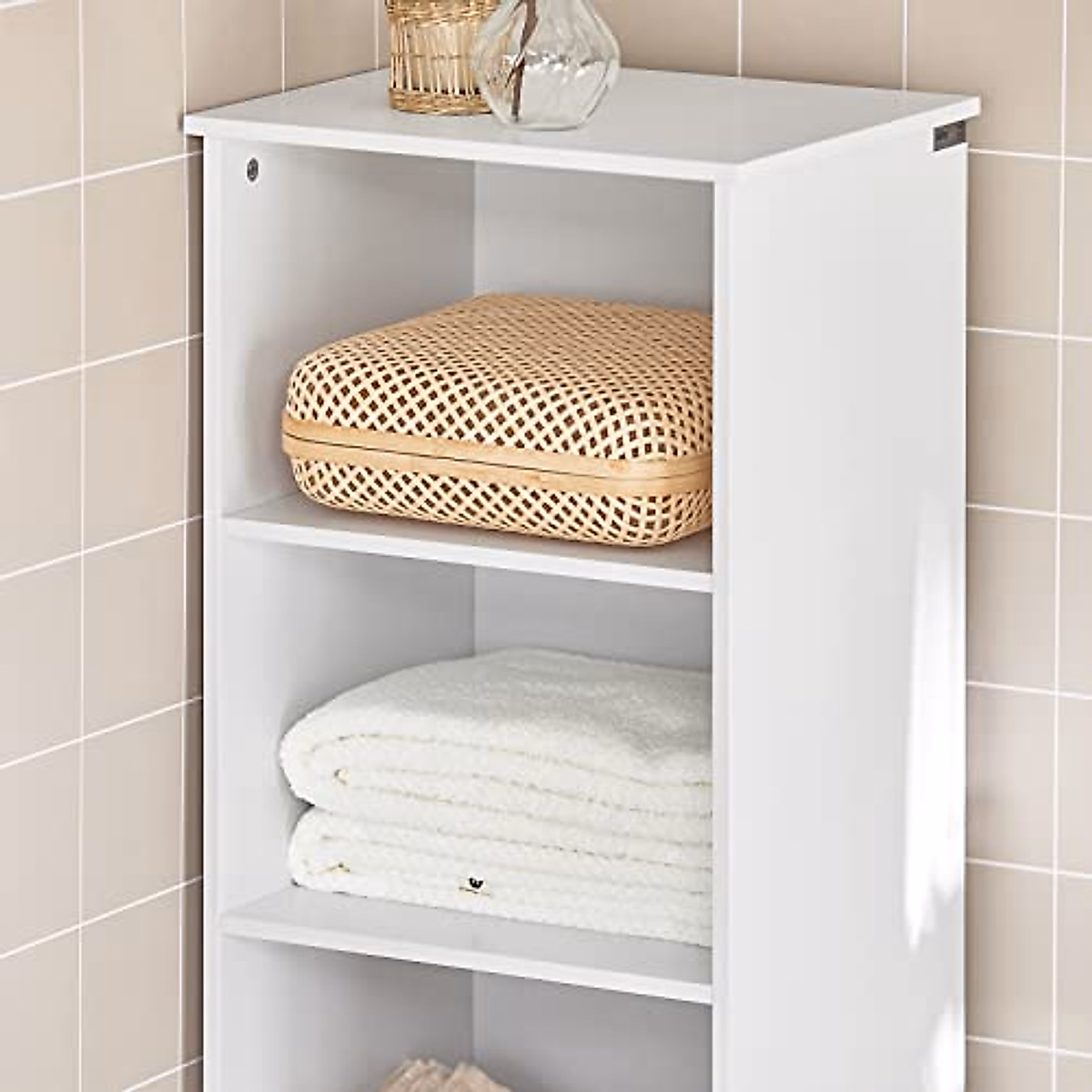SoBuy Floor Standing Tall Bathroom Storage Cabinet with Shelves and Drawers, Linen Tower Bath Cabinet, Anti-Tipping Multifunctional Corner Unit, White BZR17-W
