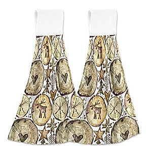 Vintage Wooden Love Deer Hand Towels Pine Tree and Snowflakes Soft Tie Towel Christmas Portable Tea Towels Dish Washcloths Kitchen Hand Towel Absorbent Hanging Tie Towels with Loop for Bathroom