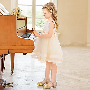 Furdeour Girls Sandals Gold Size 2 High Heels Party Little Kid Flower Big Kid Girl Princess Wedding Prom(2902Gold 2)