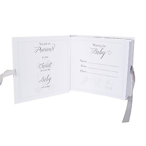Happy Homewares Beautiful Ivory White Baby Shower Photo Album with Silver Plated Teddy Bear and Stars | Holds 80 Photos | Luxurious Grey Fabric Ribbon