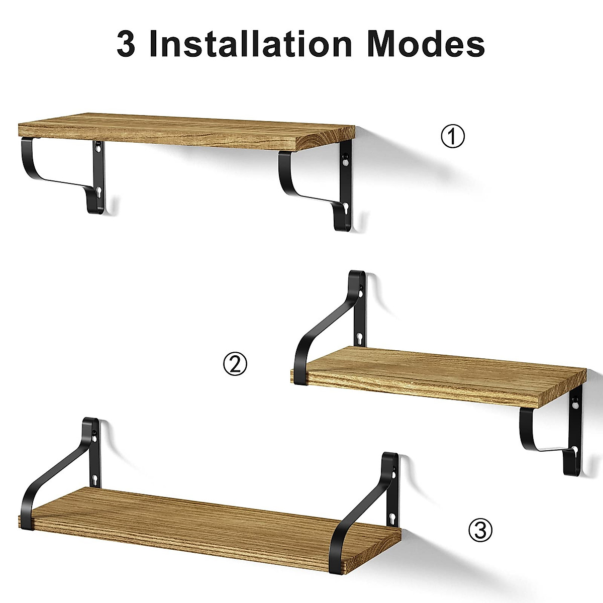 Love-KANKEI Floating Shelves Wall Mounted Set of 3, Rustic Wood Wall Storage Shelves for Bedroom, Living Room, Bathroom, Kitchen, Office and More Carbonized Black