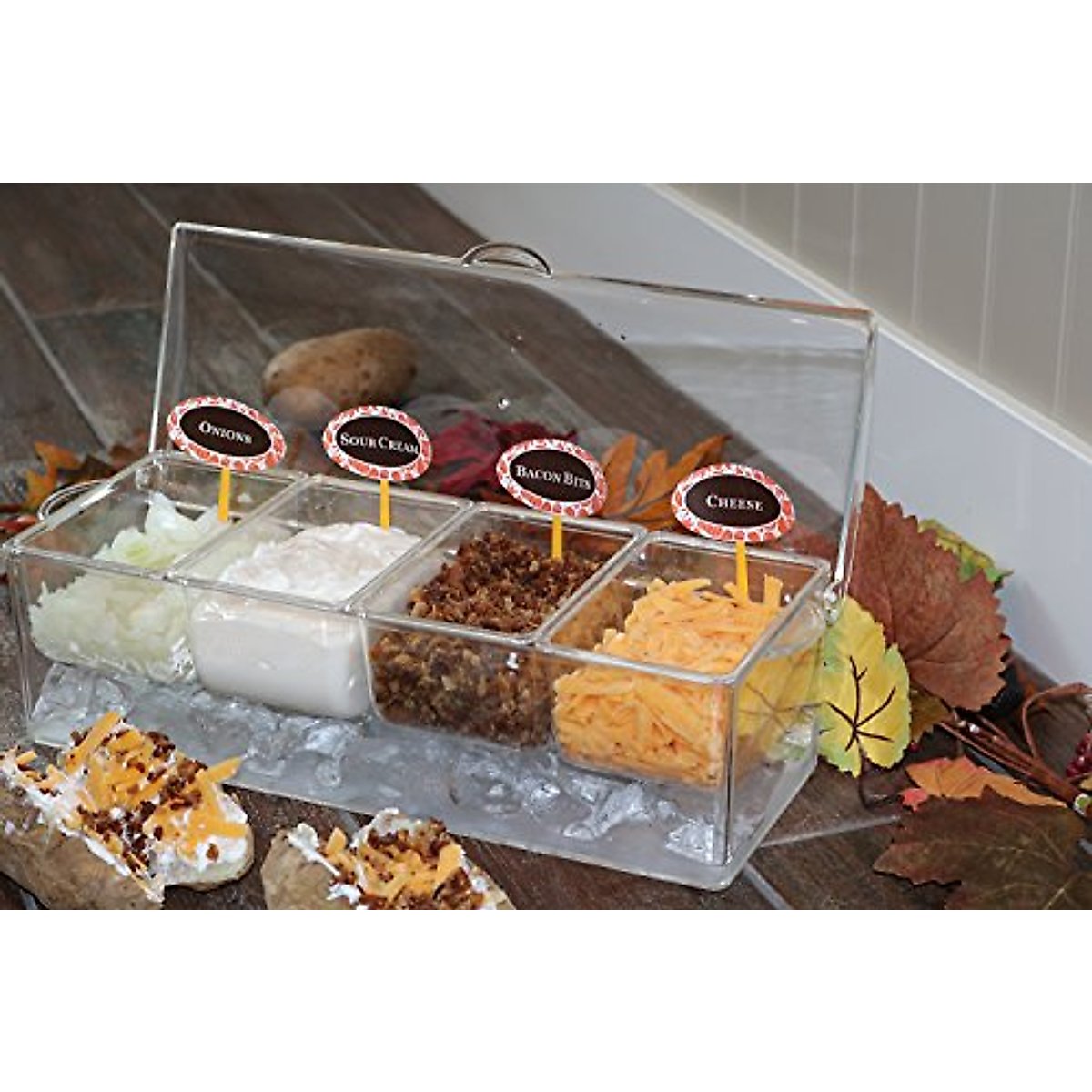 Oaklyn Large Clear Condiment Server Organizer on Ice with Containers and Lid – BPA-Free Serving Bar Compartments and Plastic Box Tray – Chilled Caddy Dispenser Set - Holds 80 oz Total