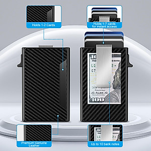 Minimalist Wallet for Men - with Money Clip, Slim Wallet Card Case Holder, Aluminum Pop Up Wallets with Gift Box, Metal Mens Wallet, RFID Blocking, Top-Grade Carbon Fiber Leather | 8 Card Capacity