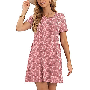 CHARMYI Tshirt Dresses for Women Casual Summer Dress for Women Tunic Swing Loose Pleated T Shirt Dress for Women with Pockets Simple Sundresses Printed Party Midi Flowy Cute Pink Floral 26 L