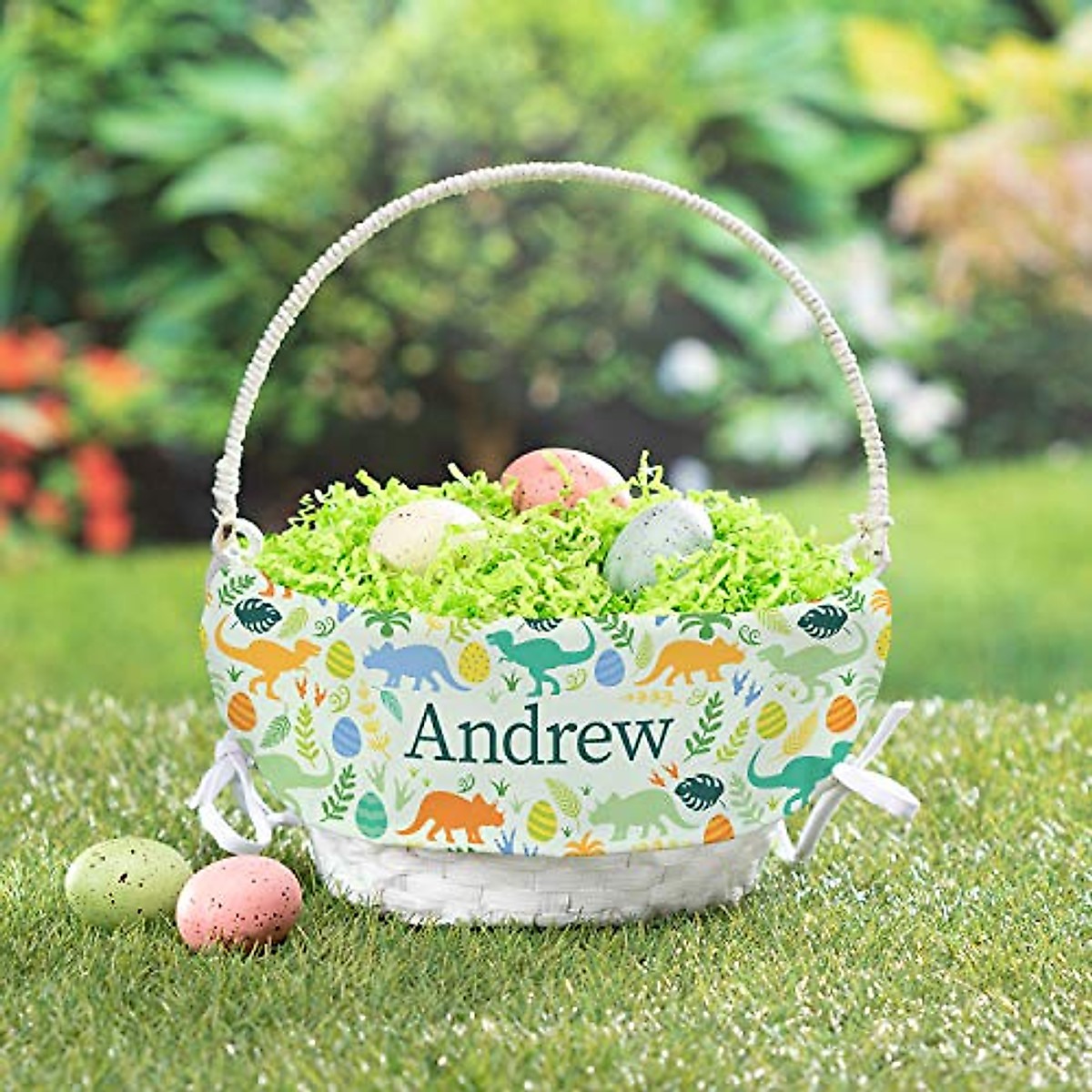 Dino Pattern Personalized Easter Egg Basket with Handle and Custom Name | Green Easter Basket Liners | White Basket | Woven Easter Baskets for Kids | Customized Easter Basket | Gift for Easter