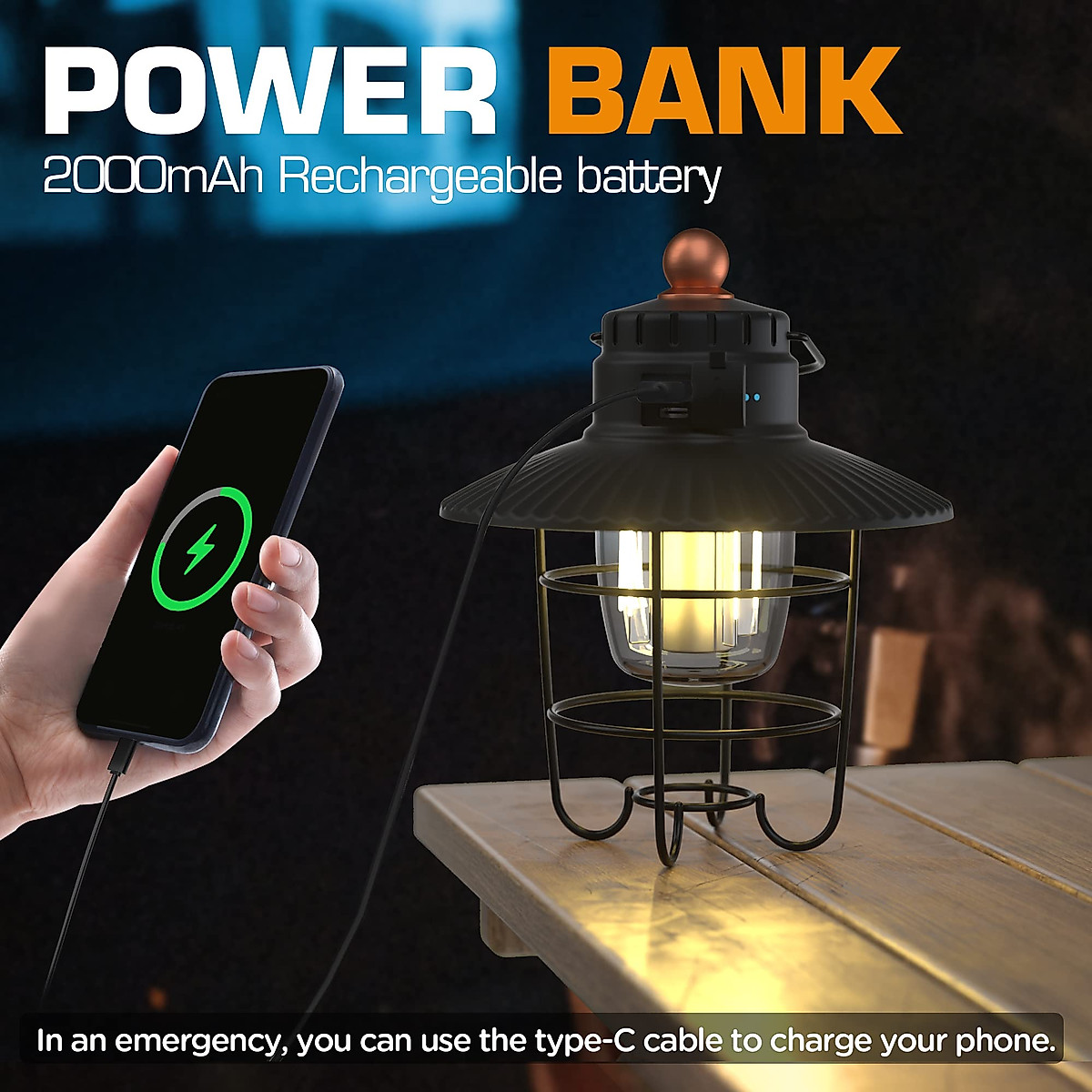 EverBrite LED Camping Lantern Pack of 2, USB C Rechargeable Lantern with 3 Light Modes, Vintage Outdoor Lanterns with Power Bank Function for Power Outages, Hurricane, Emergency, Fishing