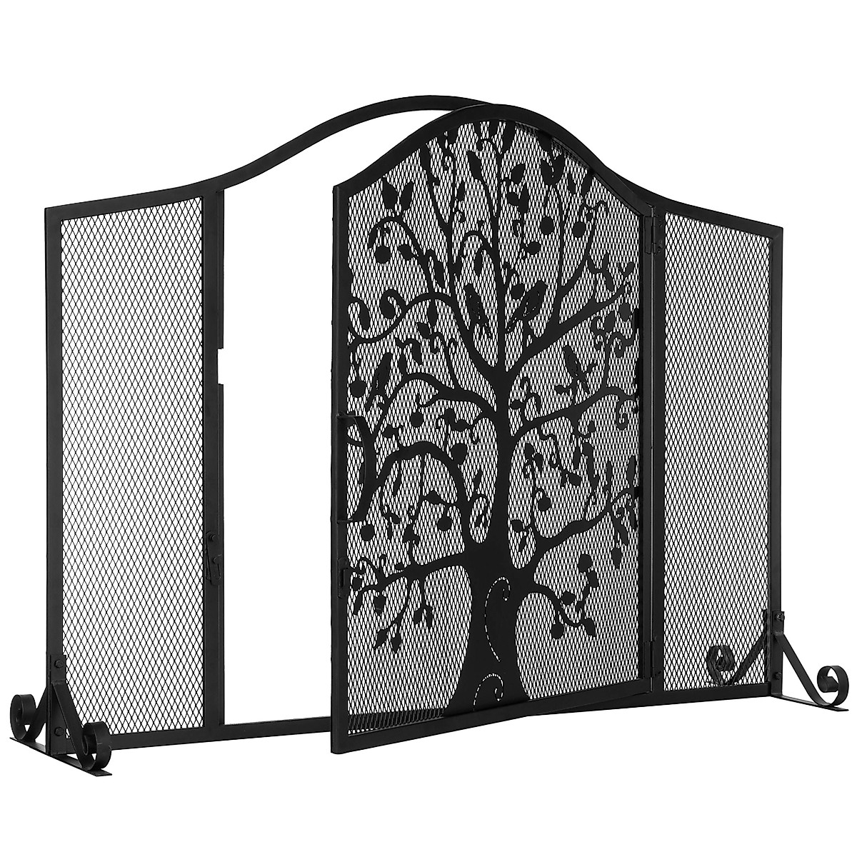 MyGift Black Wrought Iron Fireplace Screen Door with Silhouette Tree & Bird Design