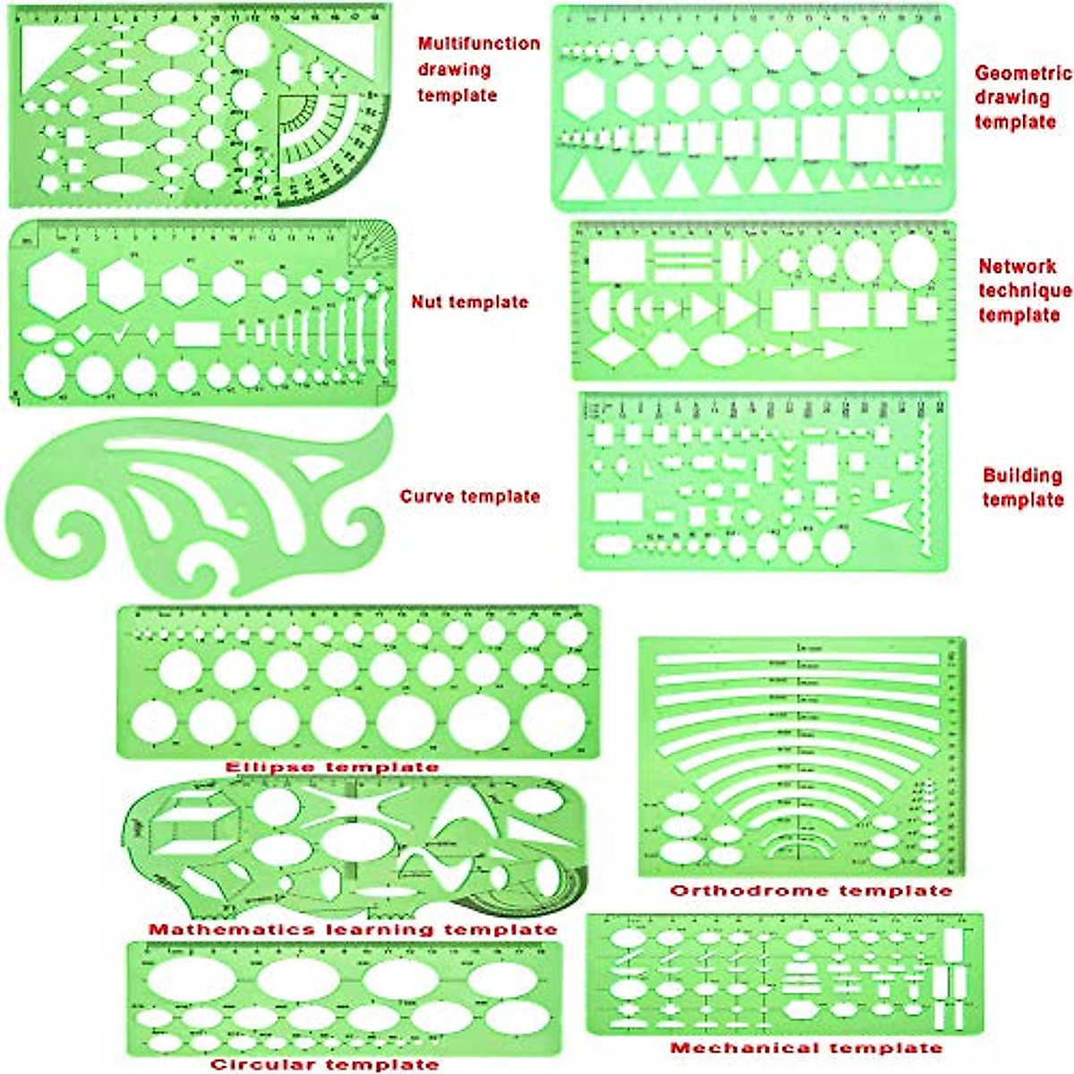 QincLing 11 Pieces Geometric Drawings Templates Stencils Plastic Measuring Template Rulers Clear Green Shape Template for Drawing Engineering Drafting Building School Office Supplies