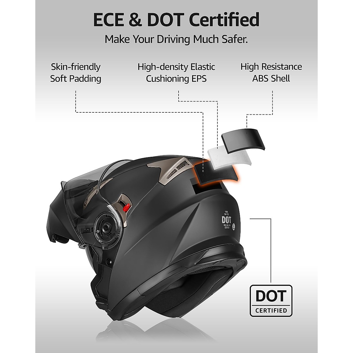 Motorcycle Modular Full Face Helmet DOT Approved - YEMA Helmet YM-925 Motorbike Casco Moto Moped Street Bike Racing Helmet with Sun Visor for Adult Youth Men and Women - Matte Black,M