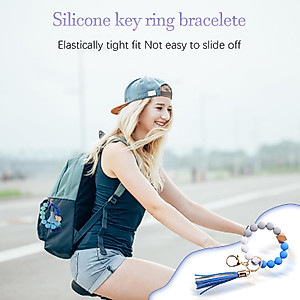 Misdary 15 Pcs Silicone Key Ring Bracelet Women Portable Key Chains Beaded Car Keys Keychain Wristlet Holder Bangle Chain with Tassel for Women