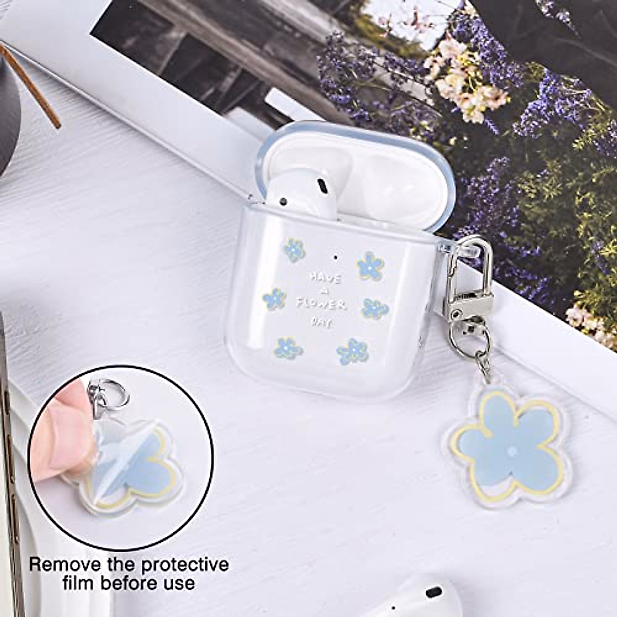 Newseego Compatible with Airpods 1&2 Case, Cute Clear Girl Fashion Blue Small Flower Design Full Protective Soft Silicone Cover with Blue Small Flower Keychain for Kids and Womens -Blue Flower