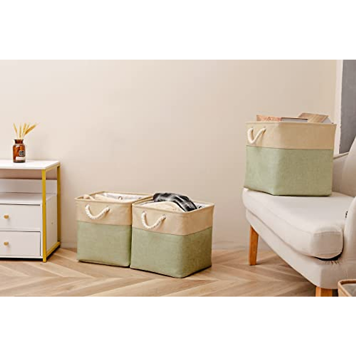 Large Cube Storage Baskets Organizer (10.5" x 10.5" x 11") for Clothes Toys Towel Books, Canvas Fabric Sturdy Collapsible Storage Boxes with Cotton Handles for Closet, Shelves (Green/Brown, 6 Pack)