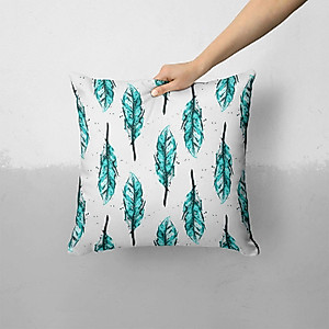 iiRov Splattered Teal Watercolor Feathers - Custom Decorative Home Decor Indoor or Outdoor Throw Pillow Cover Plus Cushion Set for Sofa, Bed or Couch (Pillow CASE Cover Plus Cushion)