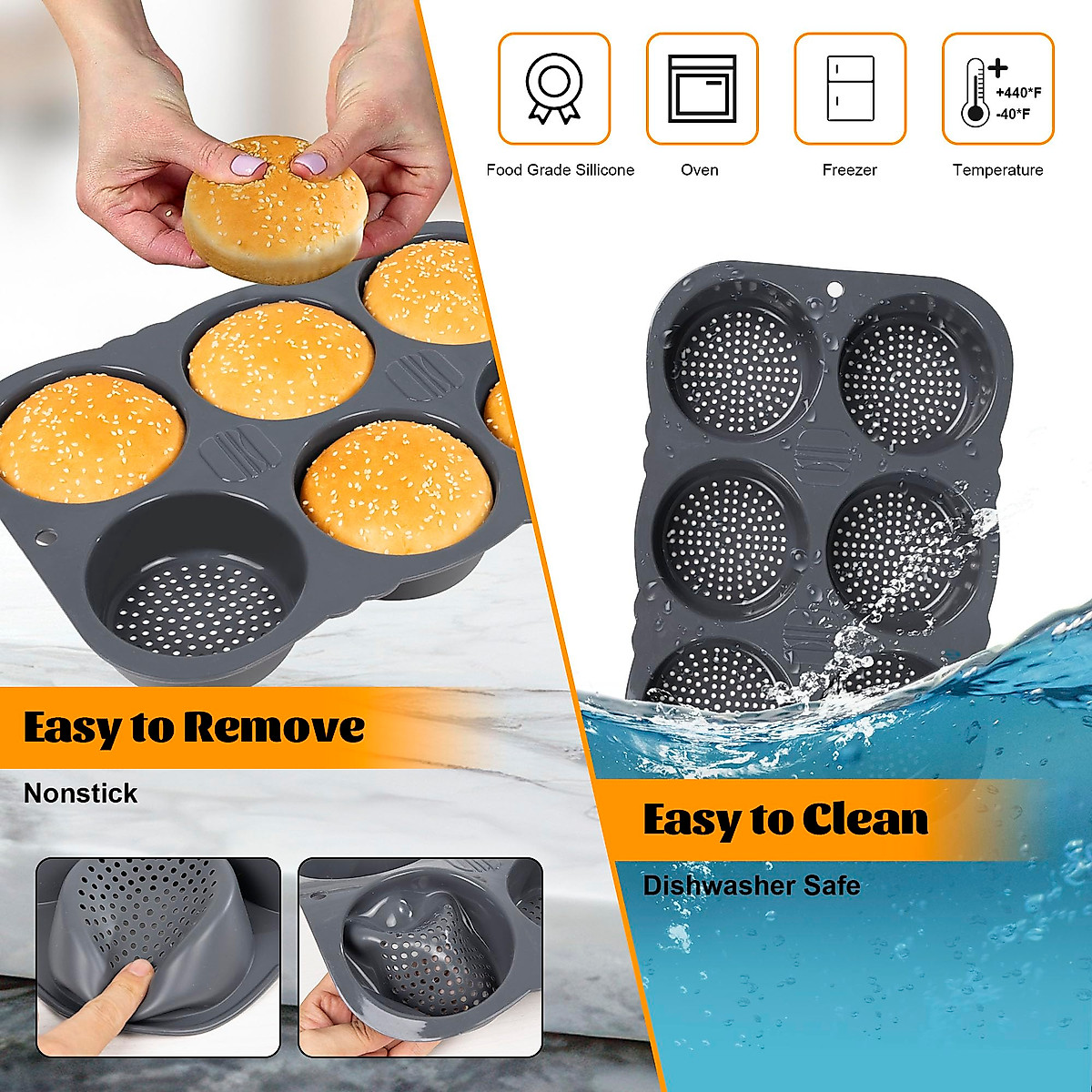 AKS Co Hamburger Bun Pan, Non-Stick Silicone - Oven-Safe, Vented 6-Cavity Baking Mold, Dishwasher Safe with Basting Brush