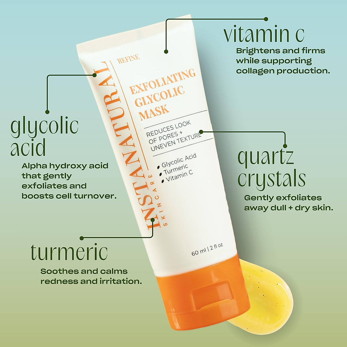 InstaNatural Exfoliating Glycolic Acid Face Mask for Women & Men, Gentle Exfoliator, Pore Minimizer, Anti Aging, Blackhead Remover, Acne Facial Treatment with Vitamin C and Turmeric, 2 Fl Oz