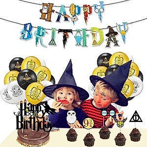 Birthday Party Decoration Boys Magical Wizard Themed Party Decorations Happy Birthday Banner Cupcake Toppers Balloons Party Supplies For Harry Magical Potter Birthday (Golden)