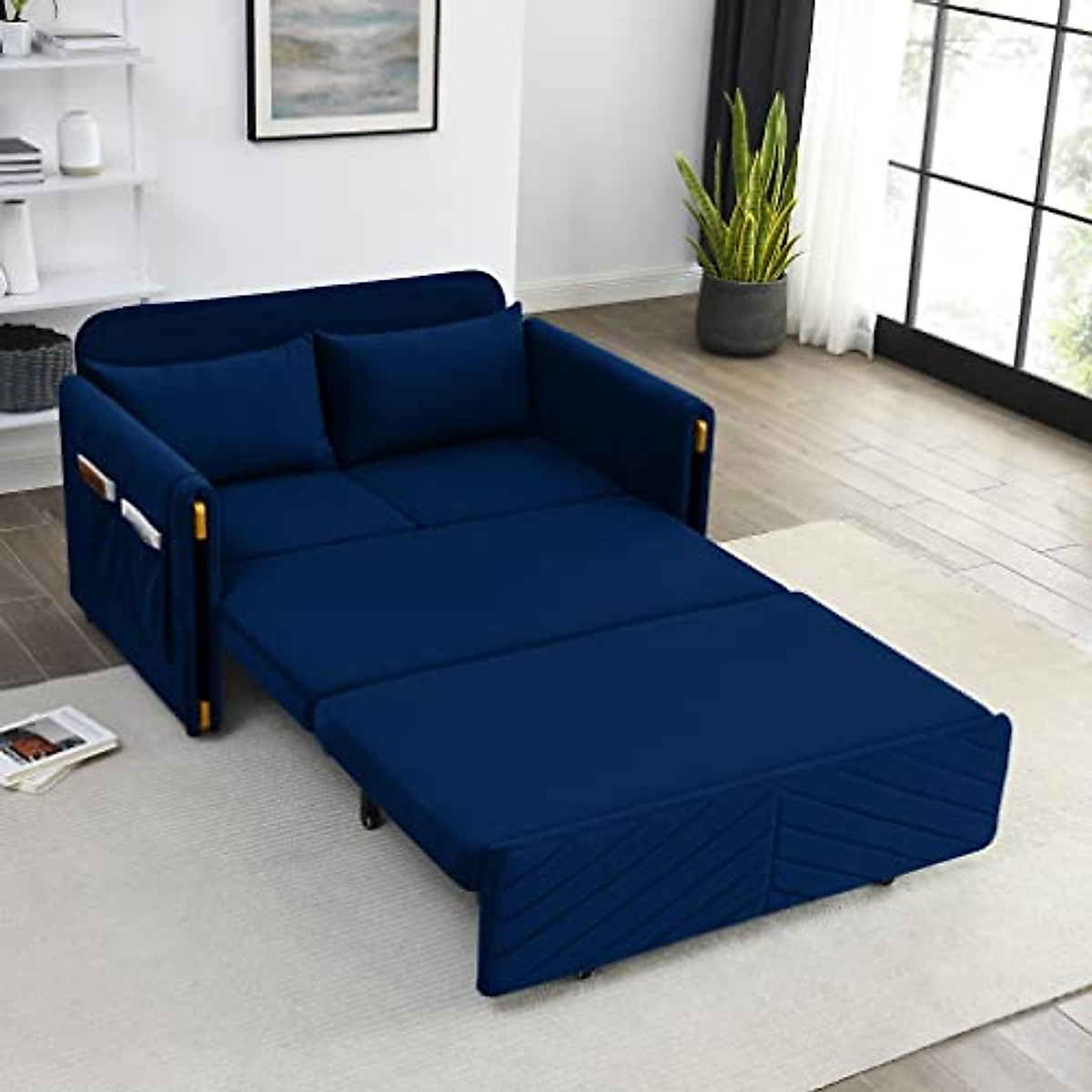 Xozor 54" Modern Convertible Sofa Bed - Adjustable Pull Out Couch Bed Sleeper Sofa,Velvet Loveseat with 2 Pillows and Side Pockets for Living Room, Office Or Bedroom, (Blue)
