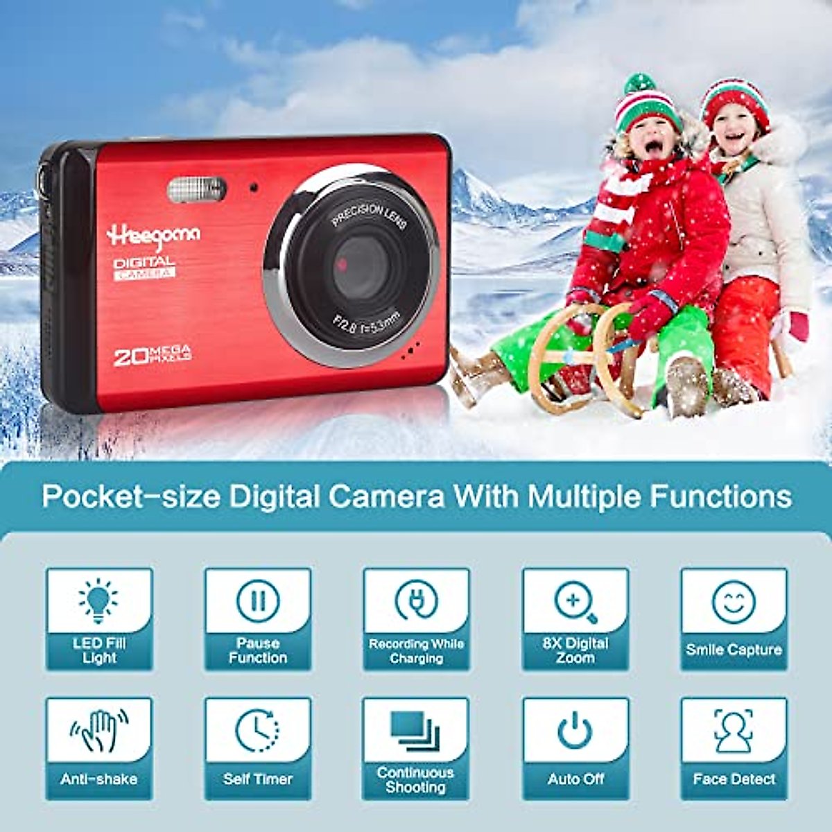 Digital Camera for Photography, FHD 1080P 20MP Point and Shoot Camera with 2.8" TFT LCD, Compact Rechargeable Vlogging Cameras for Kids,Beginner,Students,Teens,Elders (Red)