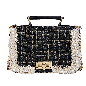 Qiayime Purses and Handbags for Women Fashion Ladies Top Handle Satchel Shoulder Tote Pearl bead chain Tote Crossbody Bag Black