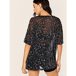 MakeMeChic Women's Summer Short Sleeve Tops See Through Mesh Sheer Sexy T Shirt Blouse Black Galaxy L