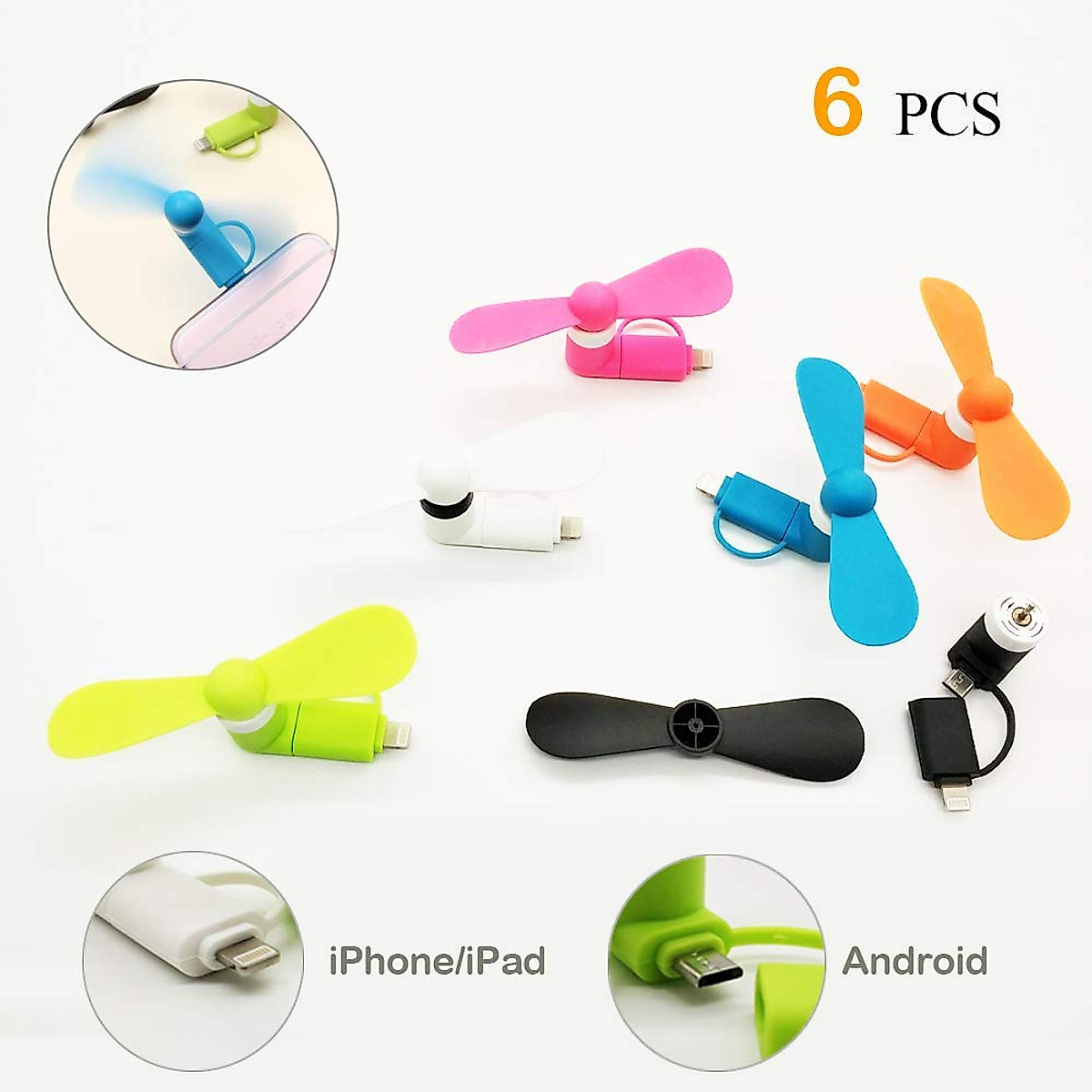 Mini Cell Phone Fan - Colorful and Powerful 2-in-1 Fan for iPhone/iPad/Android Smartphone/Tablet - Cell Phone Summer Accessories - (6-Pack)