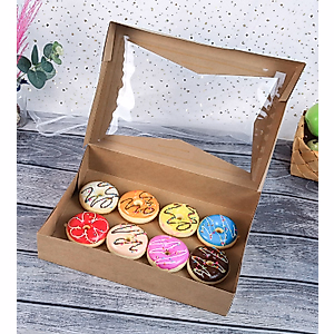 SOROO 15-PACK Brown Pastry Bakery Box 16x11x2.75inch,Large Donuts,Muffins,Cookies Boxes with Window Auto-Pop up Paper Box Nature Cardboard Take Out Container,Hold 12 Donuts,Pack of 15