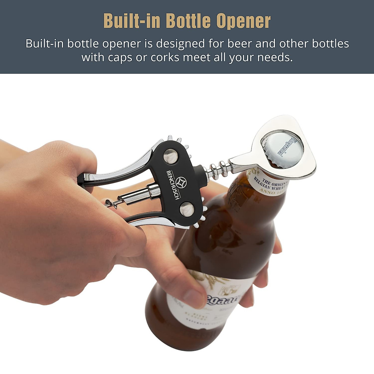 Manual Wine Opener - Multifunctional Zinc Alloy Premium Wing Corkscrew Wine Bottle Opener - Built-In Beer Cap Openers Accessories - Used In Kitchen, Restaurant & Bar (Black)