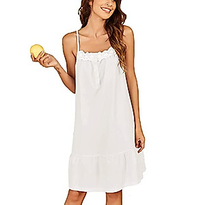 Ekouaer Womens, Lace Nightgown Nightshirt, Sleeveless, Sleepwear, Cotton Pajamas Sleep Dress, A-candy_white, X-Large