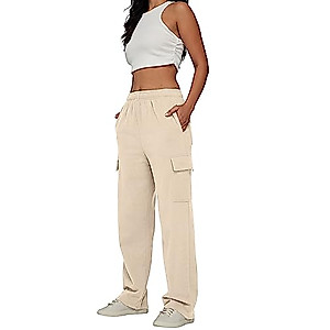 Womens Fleece Cargo Sweatpants Y2K Baggy Fleece Elastic Parachute Pants Fall Outfits Gym Lounge Trousers with Pockets Apricot