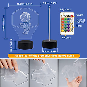 FULLOSUN 3D Basketball Night Light Backboard Illusion Hoop Lamp for Kids' Room Home Xmas Birthday Gifts for Boy Man Friends with 16 Color Changes Remote Control