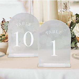 Yamesh Frosted Arch Table Numbers 1-10 White Printed for Wedding Reception Table Numbers with Stands Acrylic Table Numbers with Holders for Restaurant, Decoration, Party, Anniversary, Event(5x7 Inch)