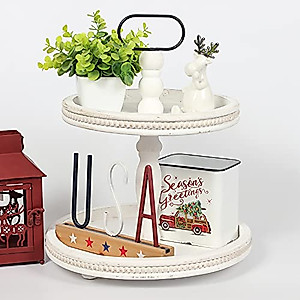 Carah&Cossh Distressed White Wood Two-Tier Tray with Metal Handle, Two Tier Stand with Beads，Farmhouse 2 Tier Serving Tray for Coffee Bar, Kitchen Counter, Dining Room Table(White)