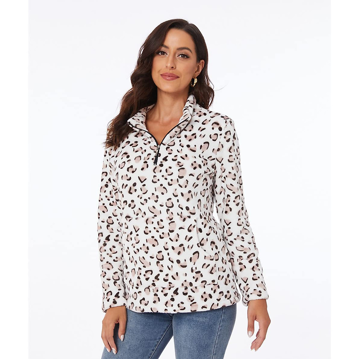 P&A Fashion Women's Long Sleeve Leopard Print Sweatshirt V Neck Quarter Zip Fleece Pullover Tops (XX-Large, White 1)