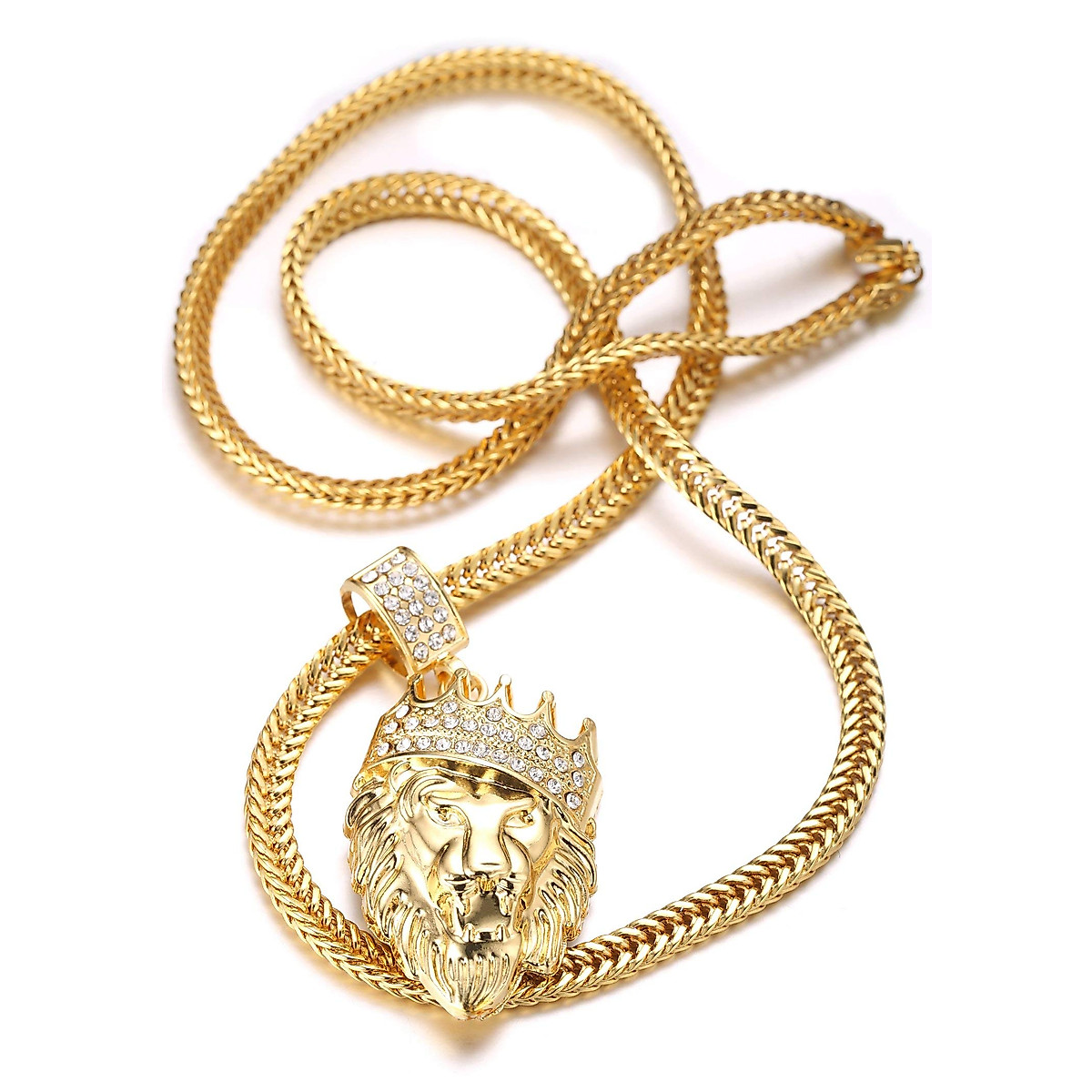 Halukakah 18k Real Gold Plated Men Necklace Large Crown Lion Pendant Lab Diamonds 7mm Sharktail Chain 30", with Giftbox