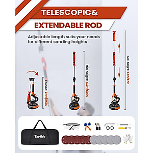 Tarlido Drywall Sander, 750W Electric Drywall Sander with Vacuum Dust Collection, 5 Variable Speed 900-1800RPM with LED Light, Foldable Handle, Sanding Discs & Grids for Sanding Floor, Popcorn Ceiling