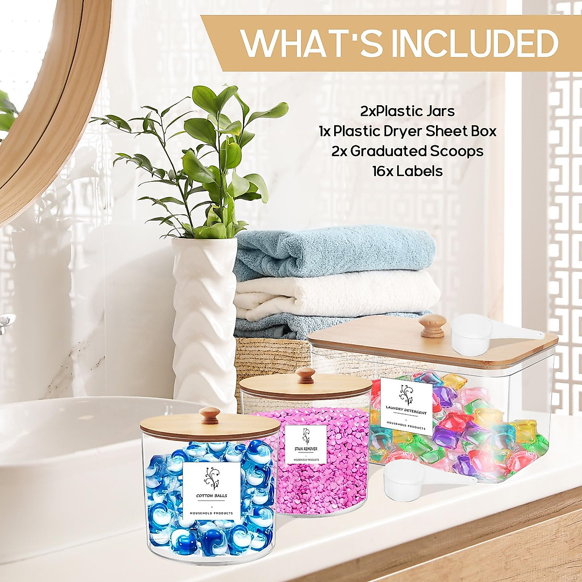 3 Pack Laundry Pods Container Dryer Sheet Holder, Containers for Laundry Room Organization and Storage Jars with Lids & Labels for Detergent, Pods, Scent Booster, Beads, 2 Spoons (Round+Square)
