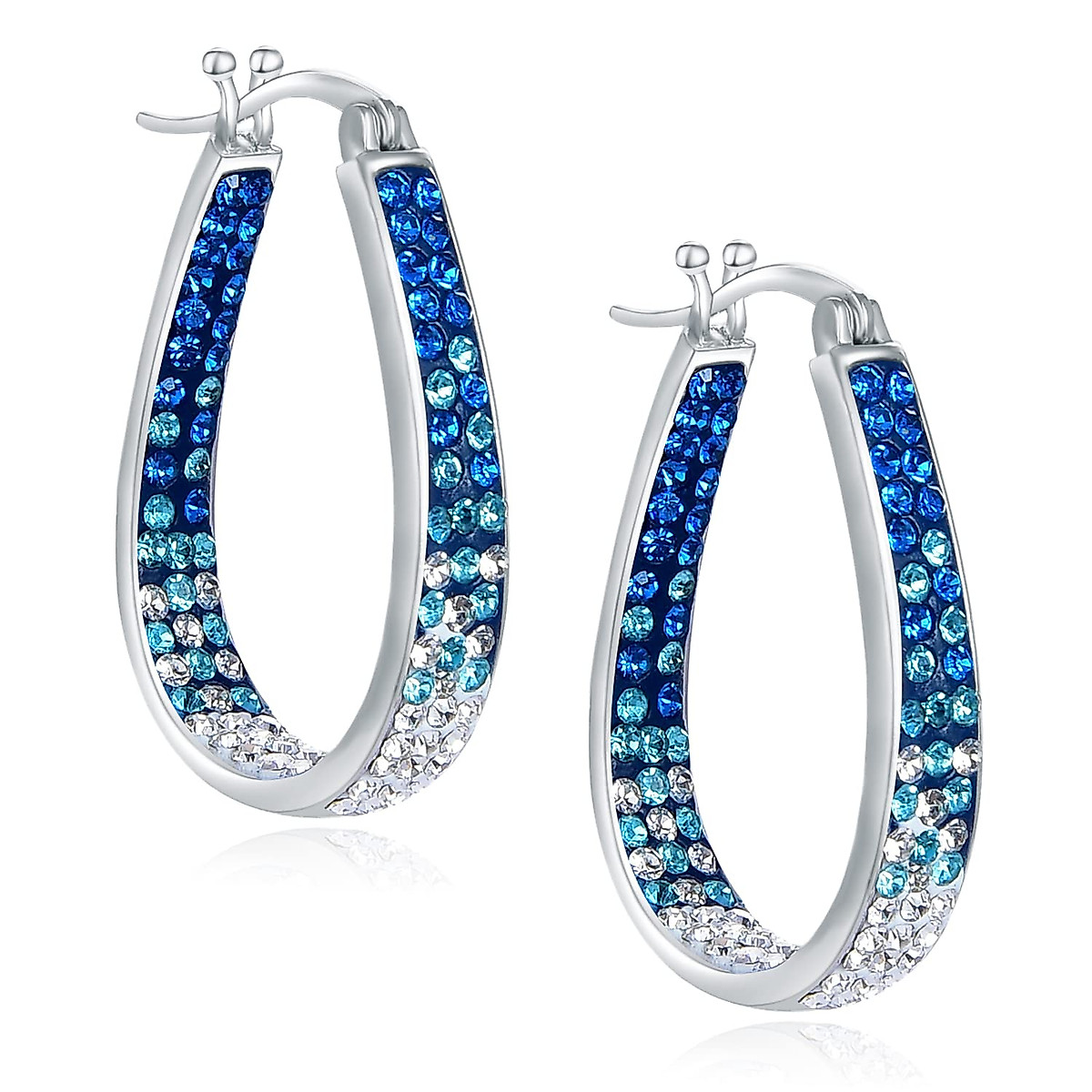 Rhodium Plated Blue and White Gradient Crystal Hoop Earrings for Women, Sparkly Royal Blue Earrings Fashion Jewelry