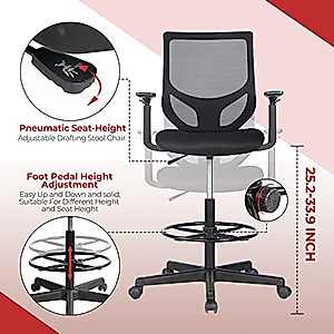 Drafting Chair, Tall Office Chair for Standing Desk, Tall Desk Chair with Adjustable Foot Ring and Armrests, Ergonomic Computer Mesh Chair with Lumbar Support and Adjustable Height，Black