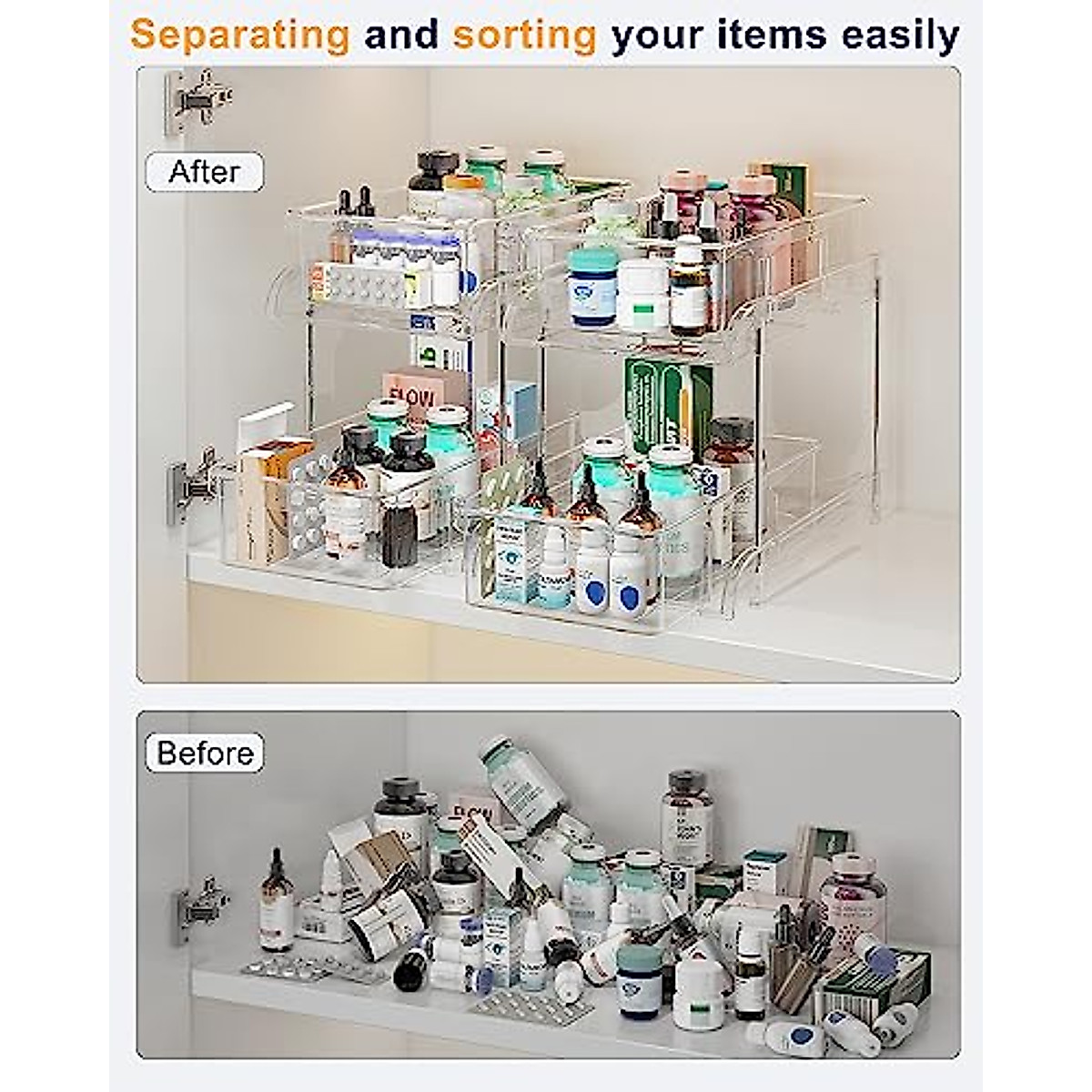 MHHA 2 Sets of 2-Tier Clear Under Bathroom Sink Organizers and Storage, Medicine Cabinet Organizer with Dividers, Pull Out Kitchen Pantry Shelf Cupboard Closet Vanity Organization Bins