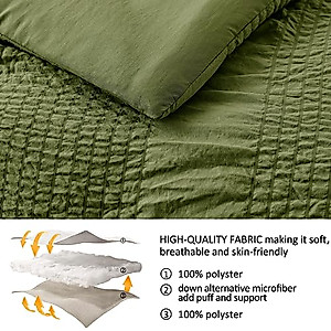 Seersucker Olive Green Twin size Comforter Set, 2 Pieces- Soft Washed Microfiber Sage Comforter with 1 Pillowcase sham, Fluffy Down Alternative Bedding Comforter Sets for All Season (68x90 inches)