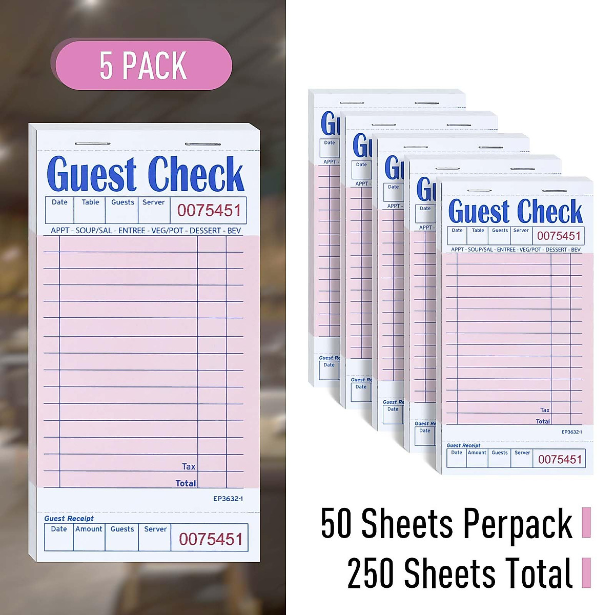 DGBDPACK Server Guest Checkbook, 5 Pack EP-3632-1 Server Note Book, Thick Server Paper with Guest Receipts, Waitress Notepads - 250 Orders Total (Pink, 6.75" x 3.5")