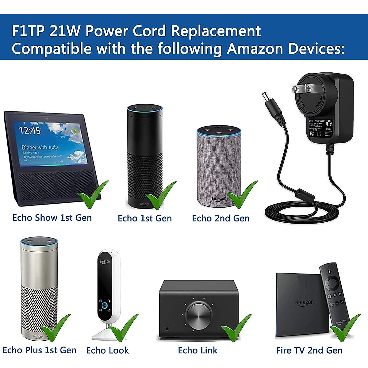 F1TP 21W Power Cord Replacment for Amazon Alexa Echo 1st 2nd Generation, Echo Show 1st Gen, Echo Plus 1st Gen, Echo Look, Echo Link, Fire TV 2nd Gen, 6.6ft Replacement Cord 15V Power Adapter