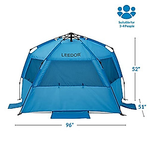Leedor Beach Tent Sun Shelter Instant Beach Umbrella Easy Cabana with UPF 50+ UV Portable Windproof Pop Up Shade for 3 to 4 Person for Family Patent Pending