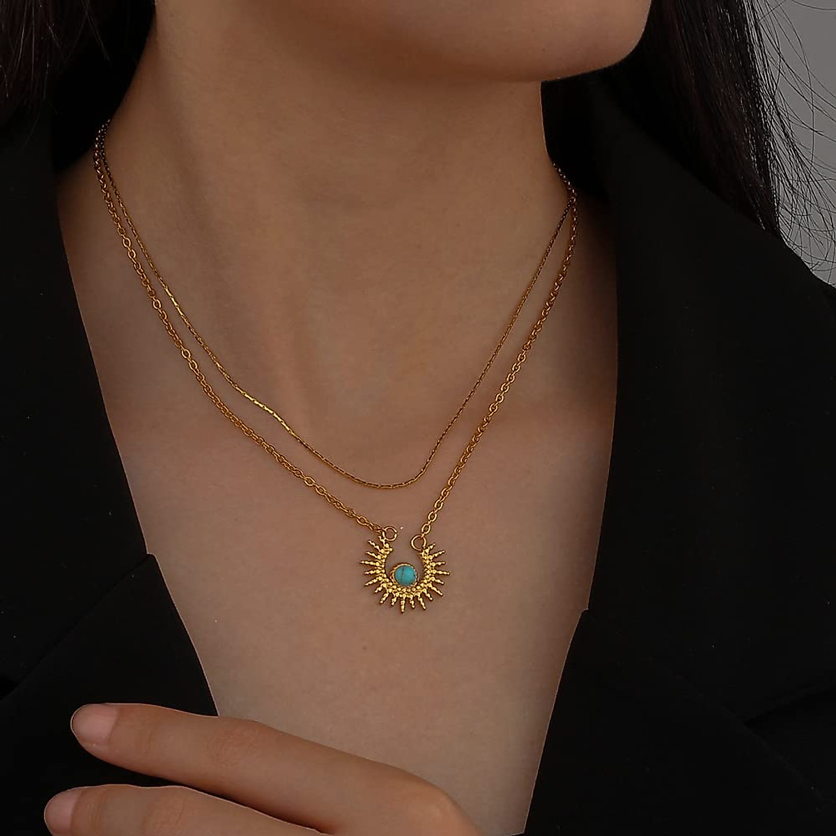 UniLogue Titanium Steel Gold Link Chain Necklace, Sun with Turquoise Pendant Female Necklace Jewelry Gift for Women (Layered Chain Sun with Turquoise Pendant)