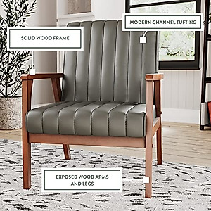 Edenbrook Carlton Exposed Wooden Arm Accent Chair for Living Room-Real Wood-Modern Channeled Tufting, Gray